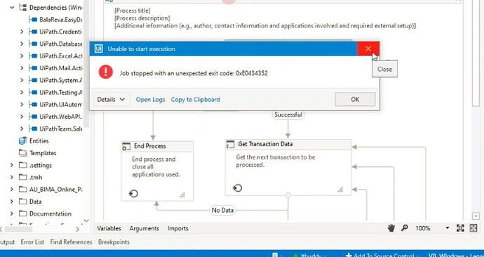 Error Job Stopped With An Unexpected Exit Code 0xE0434352 Studio