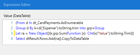 Help Using Linq Vb Net Expression To Sum Values Then Convert The Value