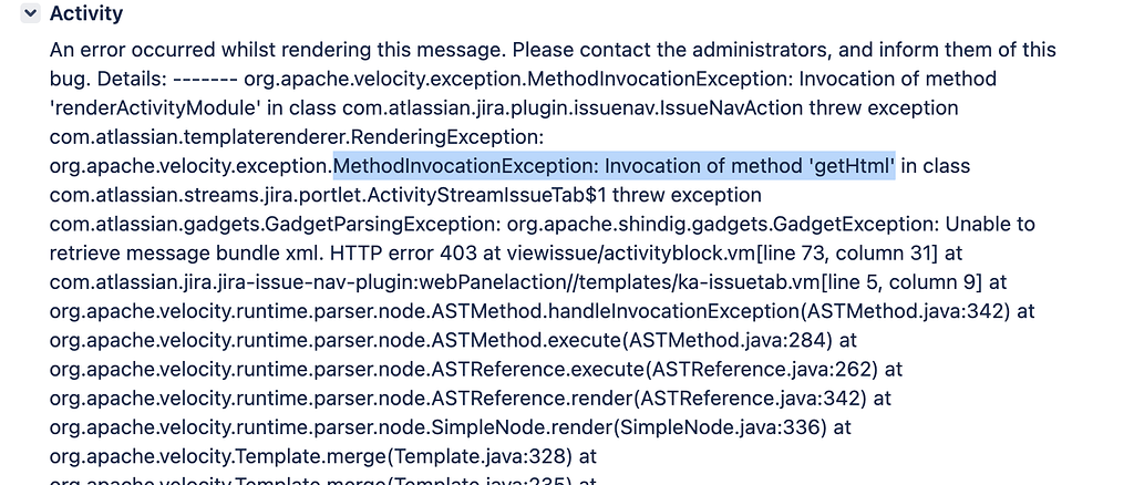 Activity tab on issue throws error - Jira Server - The Atlassian Developer Community