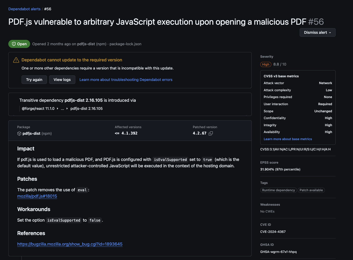 High Severity issue in PDF.js version
