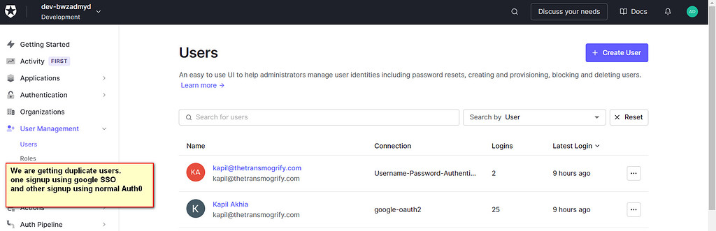 How to restrict duplicate user (email address) when SSO is enabled along with normal Auth0 ...