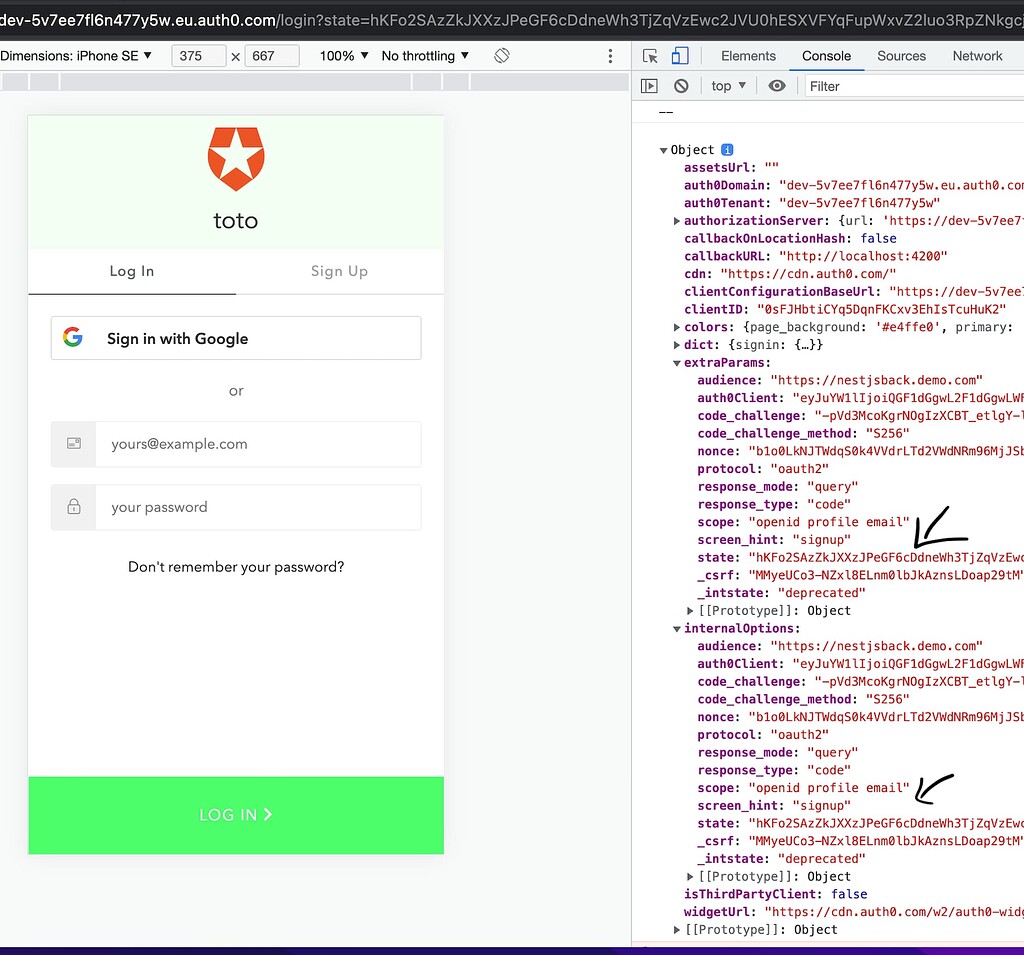 Why it is not redirecting to the signup page, when i explicitly put the flag screen_hint ...