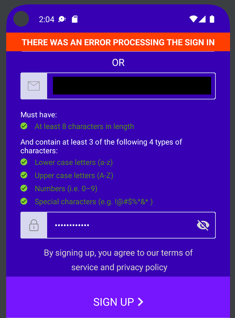 Not able to sign up using email and password for embedded login for Android Mobile SDK - Auth0 ...