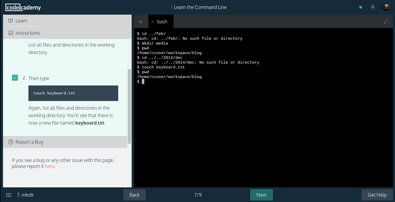 Learn The Command Line Exercise 6 Cd Ll Command Line Codecademy Forums