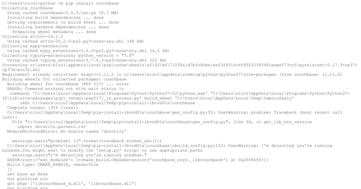 ERROR: Could not build wheels for couchbase which use PEP 517 and cannot be installed directly ...