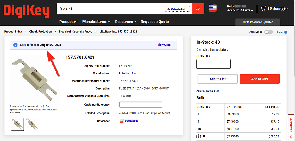 New Website Feature - Order History on the PDP - Digikey.com Navigation ...