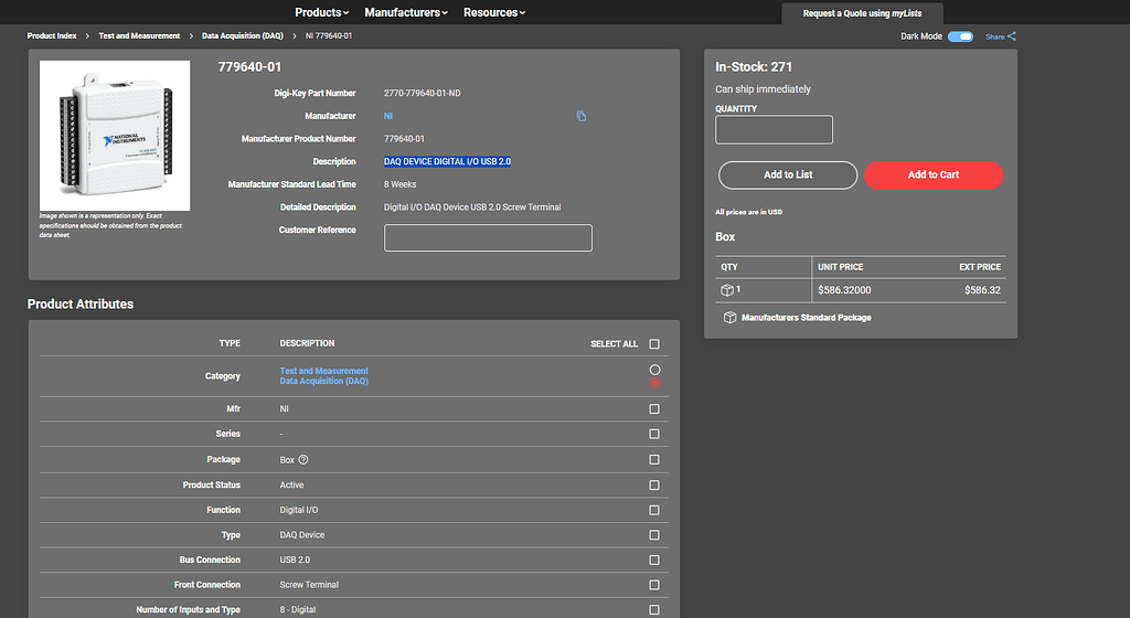 NI DAQ DEVICE DIGITAL I/O USB 2.0 - Test and Measurement - DigiKey ...
