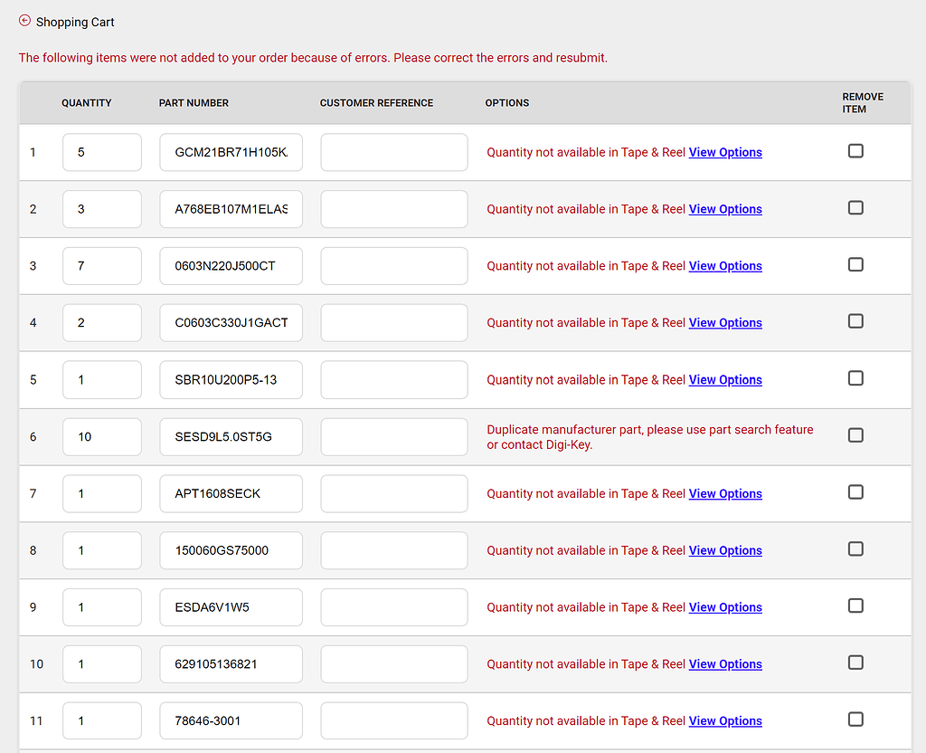 "Quantity not available in Tape & Reel" errors when uploading a list of ...