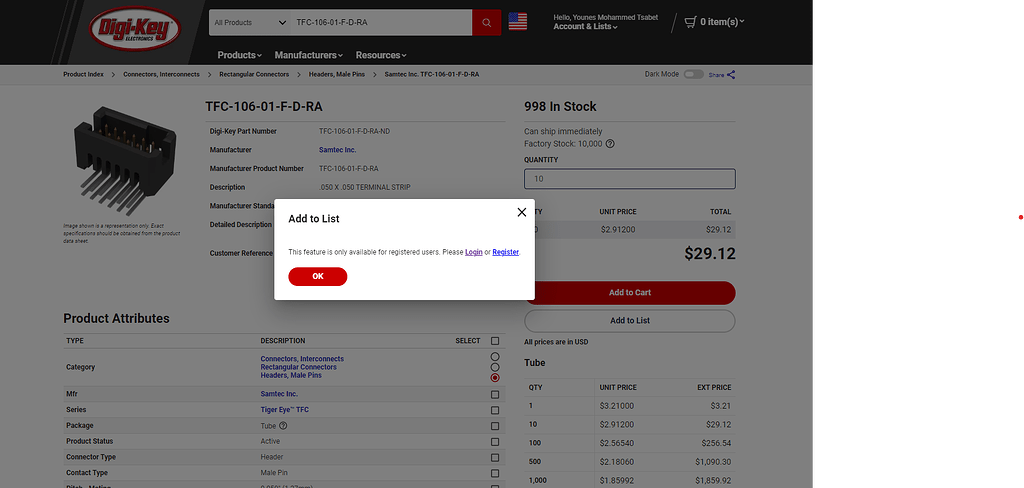 I can't add a component to my cart - Digikey.com Navigation and ...