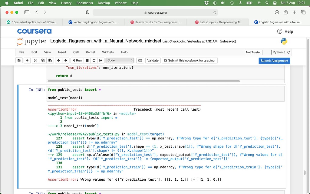 Week 2 Logistic Regression Assignment, Ex 8. Wrong values for d - Neural Networks and Deep ...