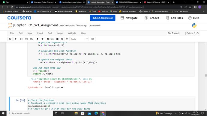 Facing Error In Updating Theta Nlp With Classification And Vector Spaces Deeplearning Ai
