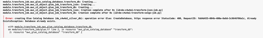 C4w4 Capstone Project Part 1 And 2 Glue Catalog Database Already Exists Error Data