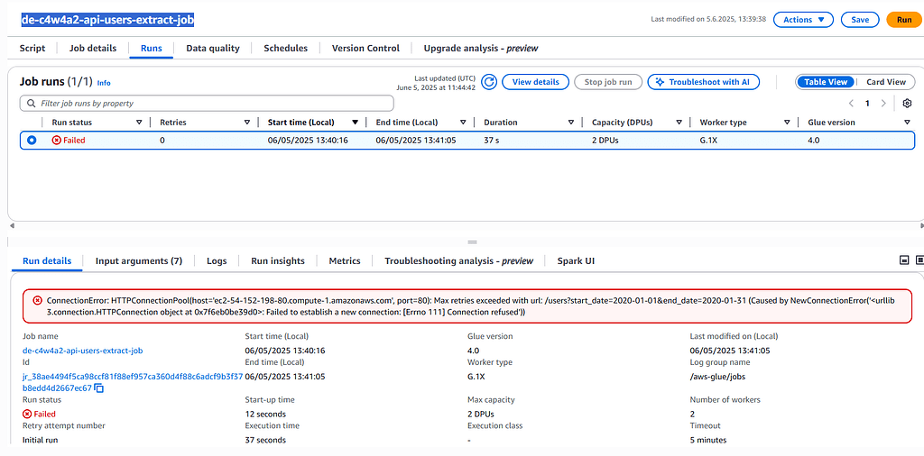 C4W4 Capstone Project 2 Glue Extract Jobs Fail - Data Modeling, Transformation, and Serving ...
