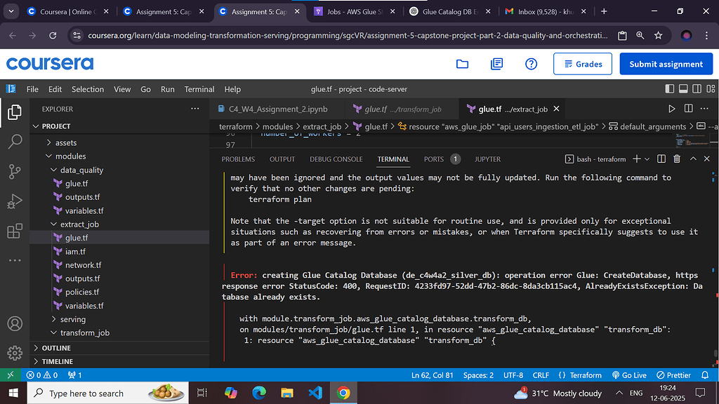 C4W4: Capstone part 2: Issue Creating Glue Catalog Database – Already Exists Exception - Data ...