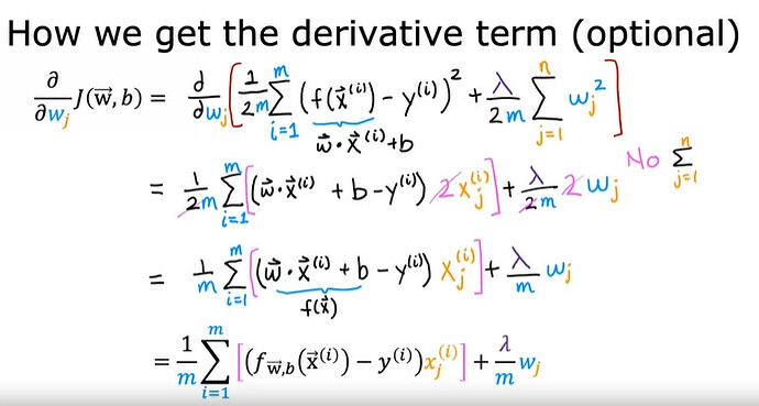 Why Eliminate Summation In Regularization Term Derivative Cost Function Supervised Ml