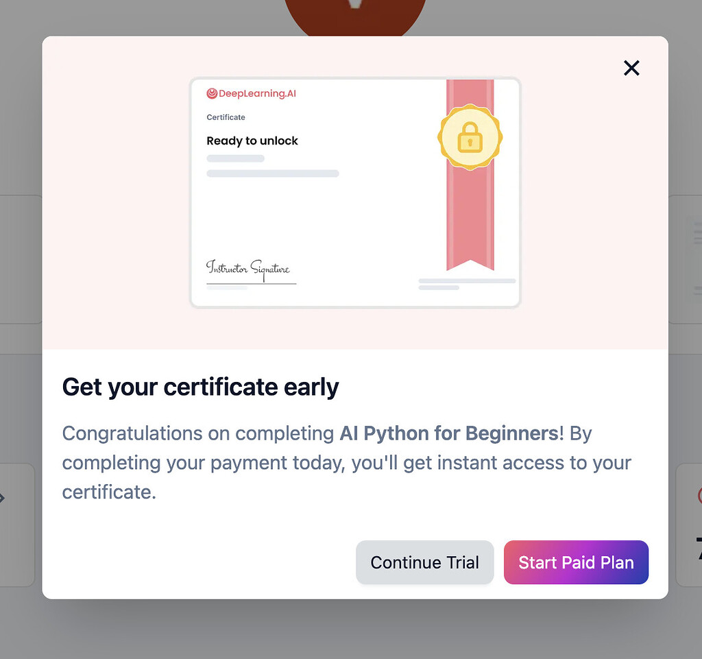 Unable to view/download AI Python Course Certificate - AI Python for Beginners - DeepLearning.AI