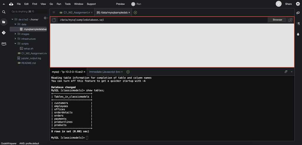Unable to view "mysqlsampledatabase.sql" in Cloud9 - Introduction to Data Engineering ...