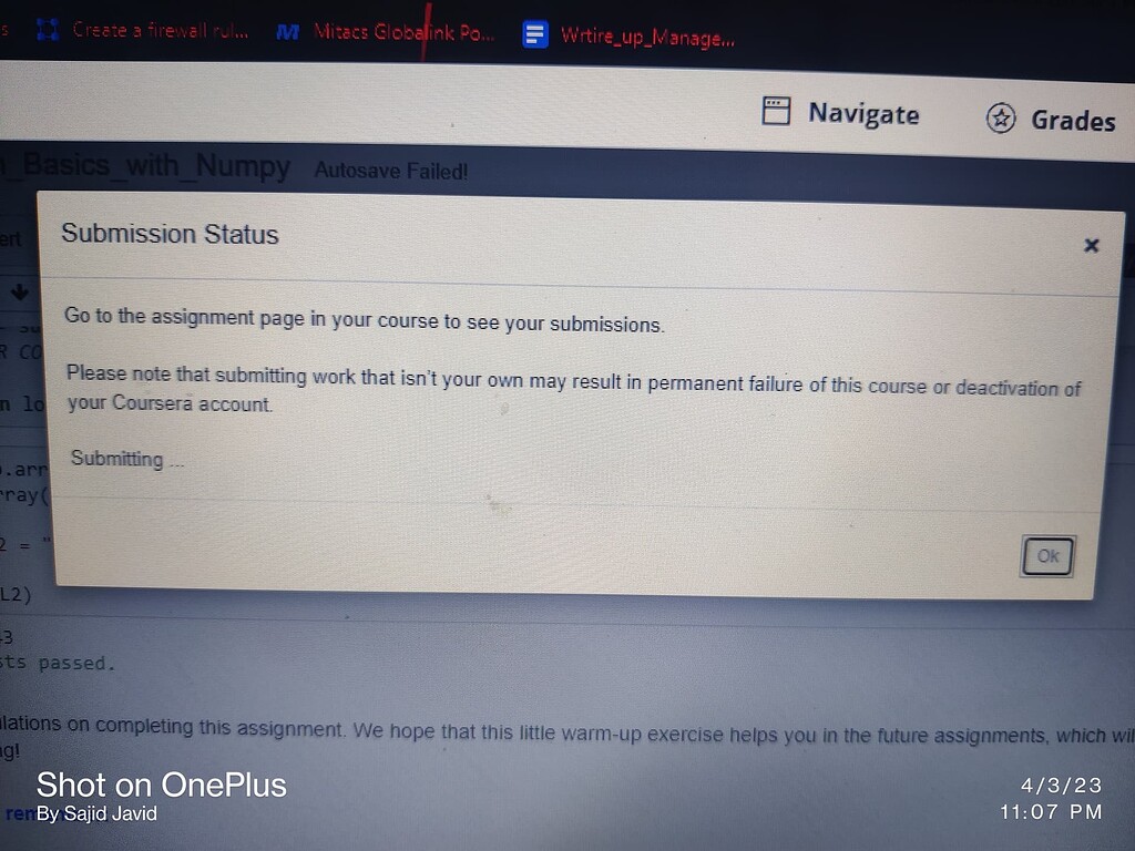 Unable to submit my assignments as it's only showing submitting - Neural Networks and Deep ...