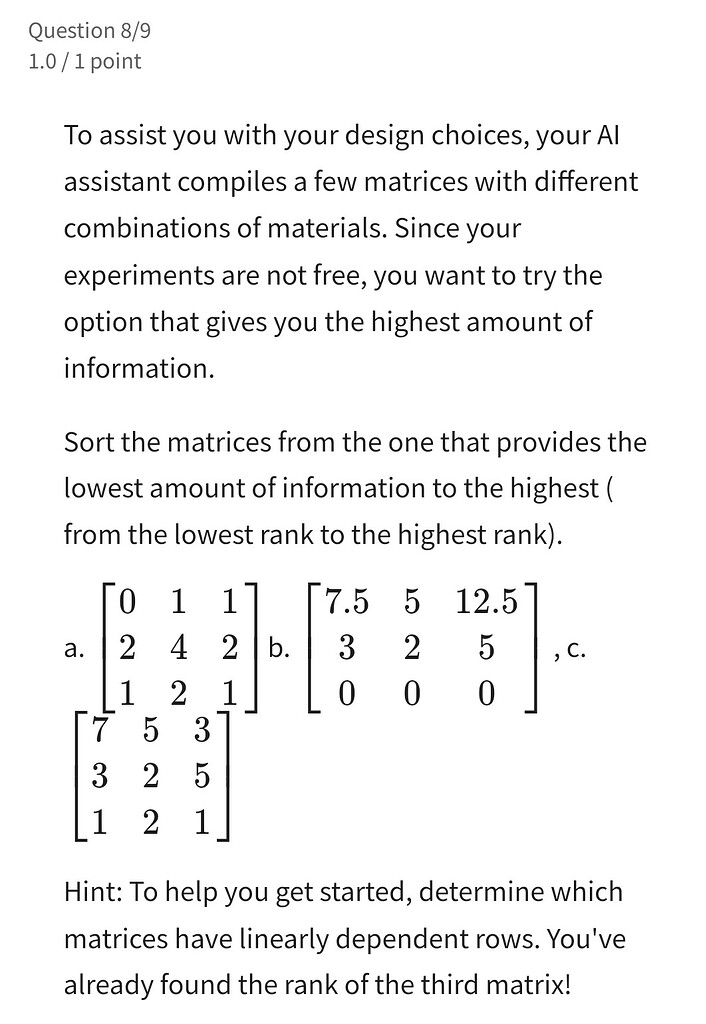Course 3, Week 2, Rank of a matrix, question 8 - Linear Algebra for Machine Learning and Data Sc ...