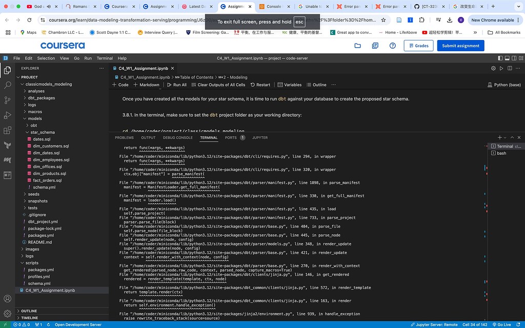 C4W1 Assignment 'Data Modeling with DBT' Lab parsing error - Data Modeling, Transformation, and ...