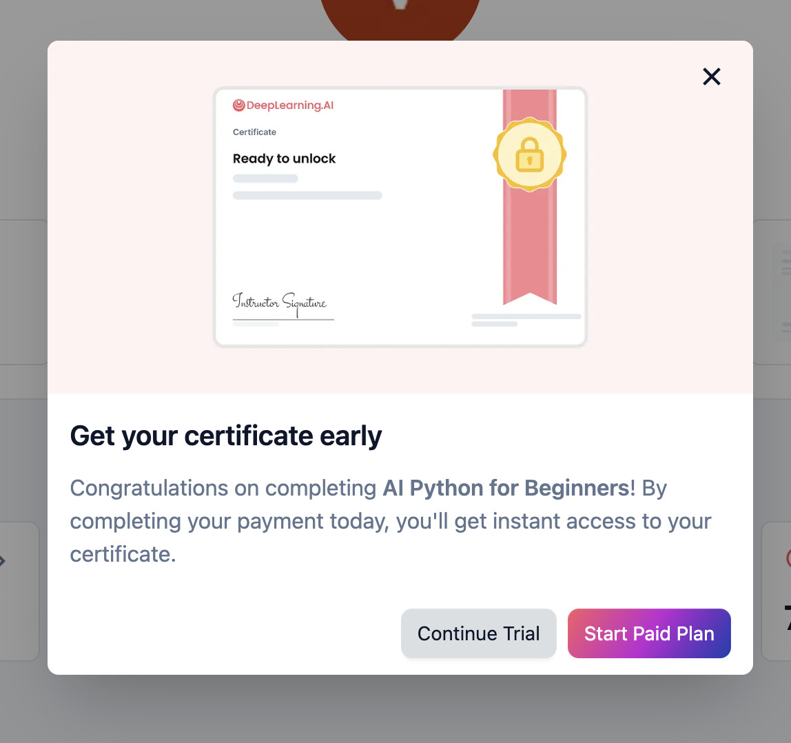 Unable to view/download AI Python Course Certificate - AI Python for Beginners - DeepLearning.AI