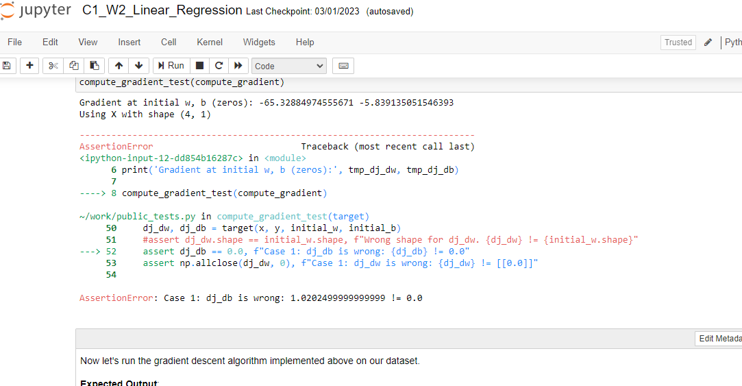 Assertion Error In C1w2linearregression Supervised Ml Regression And Classification 2496