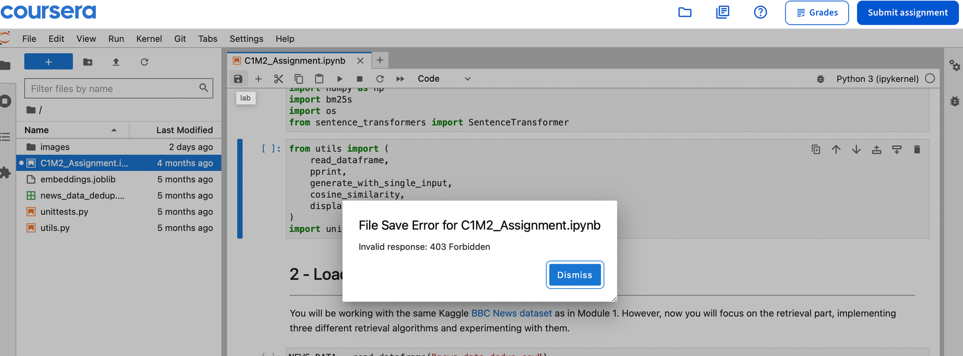 Coursera course : not able to save the lab assignments(Retrieval ...