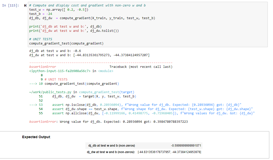 Unit test error when computing cost with non-zero w and b - Supervised ...