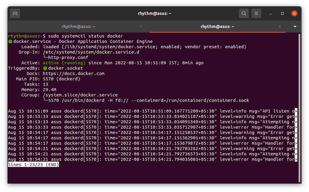 Not Able To Use Docker Even Though The Demon Status Is Active Issue
