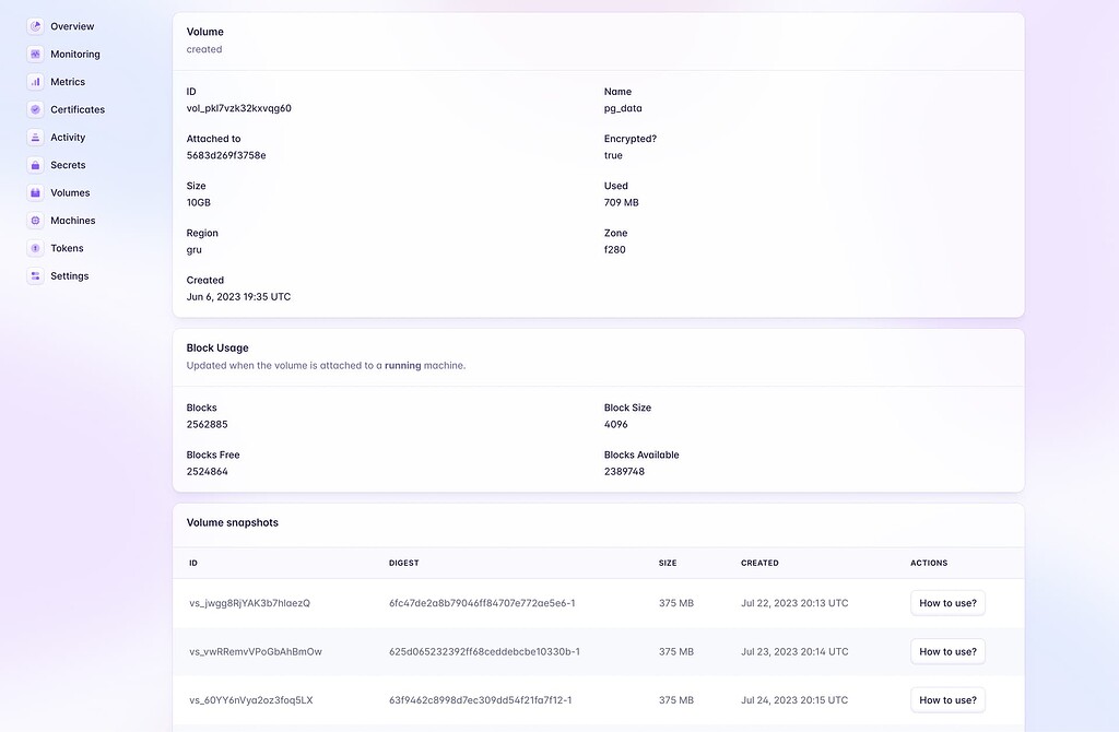 Dashboard: new volume page - Fresh Produce - Fly.io