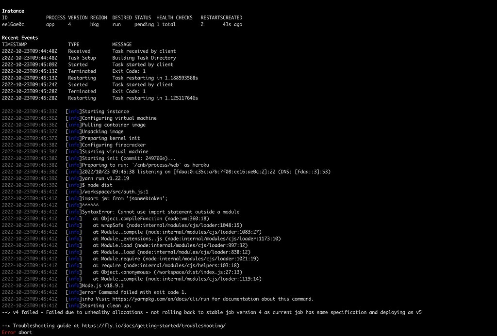 Cannot use import statement outside a module. - Fly.io