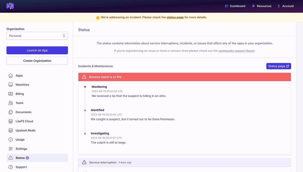 Improving the personalized Status page - Fresh Produce - Fly.io