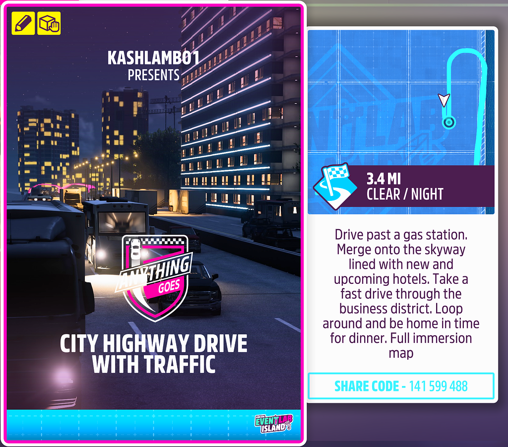 Show me what you're working on in Eventlab 2.0! City Highway cruise map ...