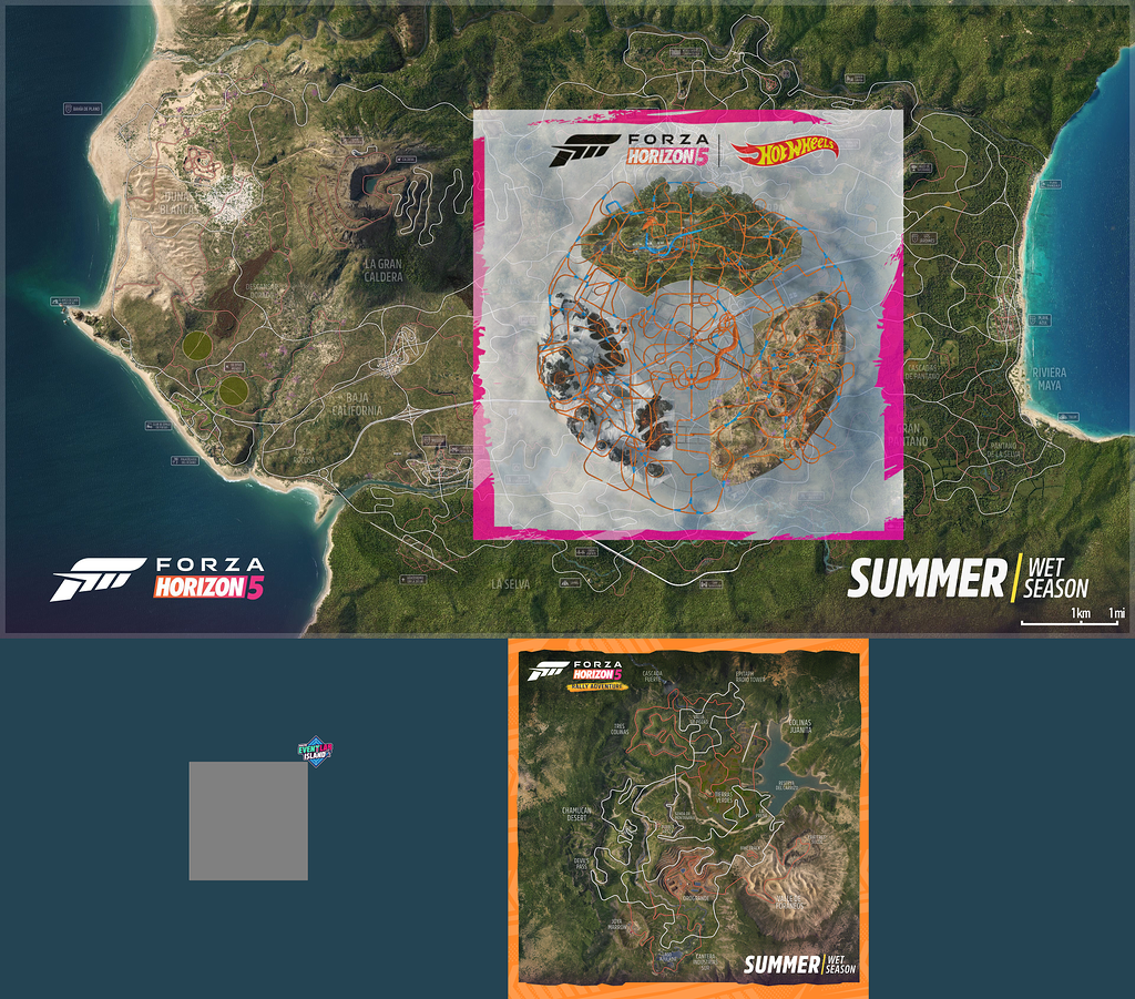 Map size comparison of mainland Mexico, Rally Adventure, Hot Wheels Park, and EventLab Island ...