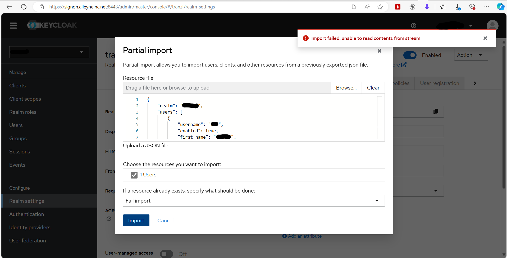 Can't Import JSON user file to Keycloak - Keycloak Can't Import JSON user file to Keycloak - Keycloak