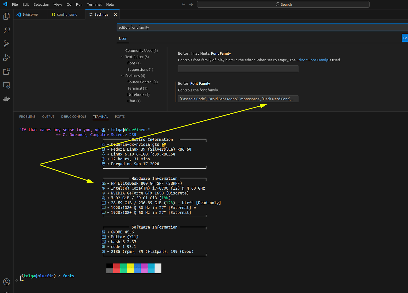 How Does One Enable Nerd Fonts Display In Vs Code Integrated Terminal Bluefin Universal Blue