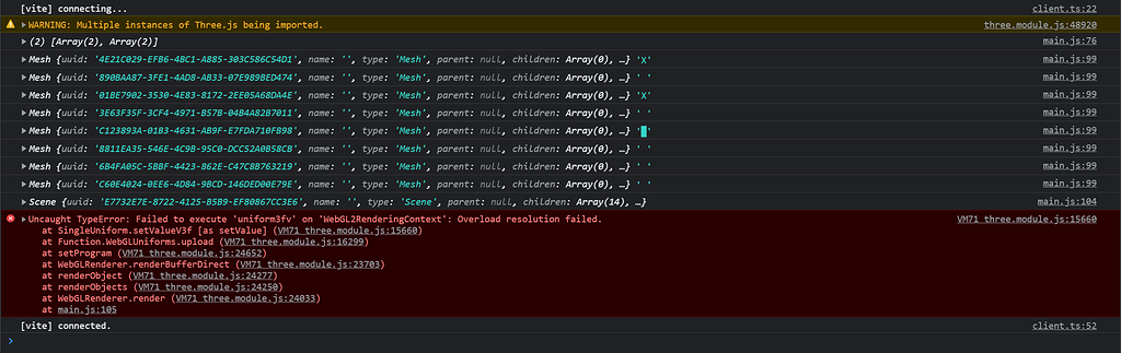 Three.js objects failing to render - Failed to execute 'uniform3fv' on 'WebGL2RenderingContext ...