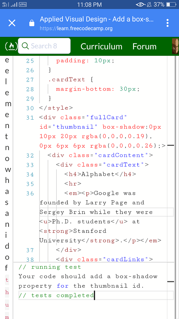 Add A Box Shadow To A Card Like Elements Html Css The Freecodecamp Forum