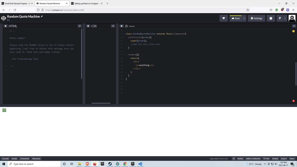 Setting up React on Codepen - JavaScript - The freeCodeCamp Forum