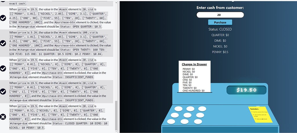 Build a Cash Register Project - Last test failing - JavaScript - The ...
