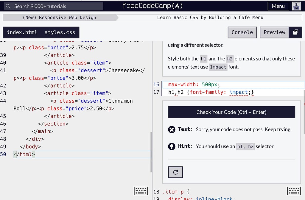 HTML - Building Cafe Menu — h1, h2 selector - HTML-CSS - The freeCodeCamp Forum