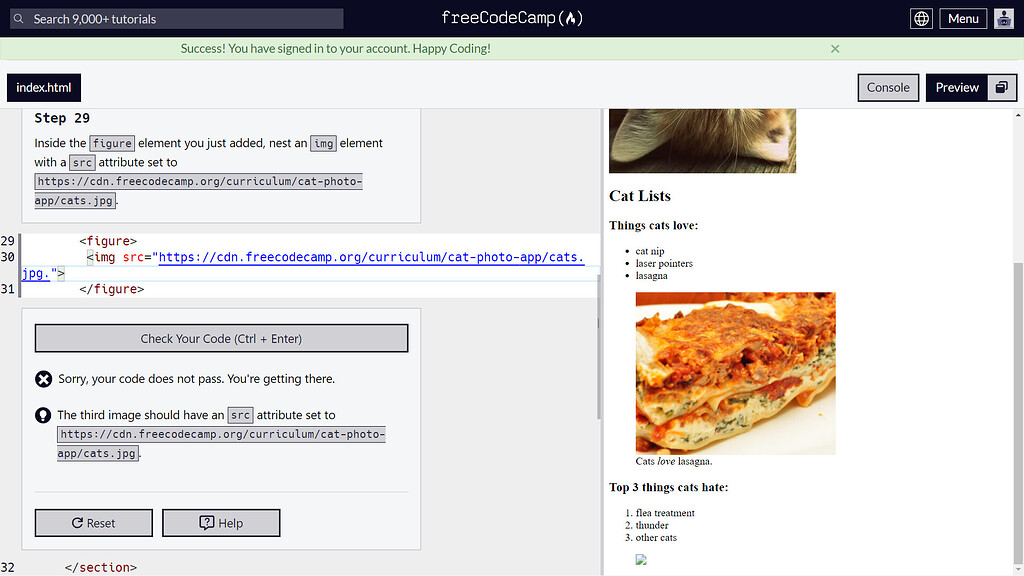 Learn HTML by Building a Cat Photo App - Step 29 - HTML-CSS - The freeCodeCamp Forum