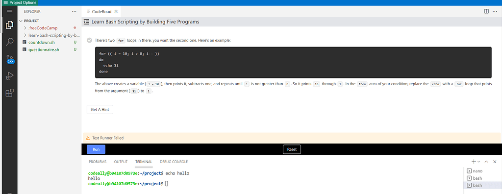 Learn Bash Scripting By Building Five Programs Test Runner Failed Freecodecamp Support The