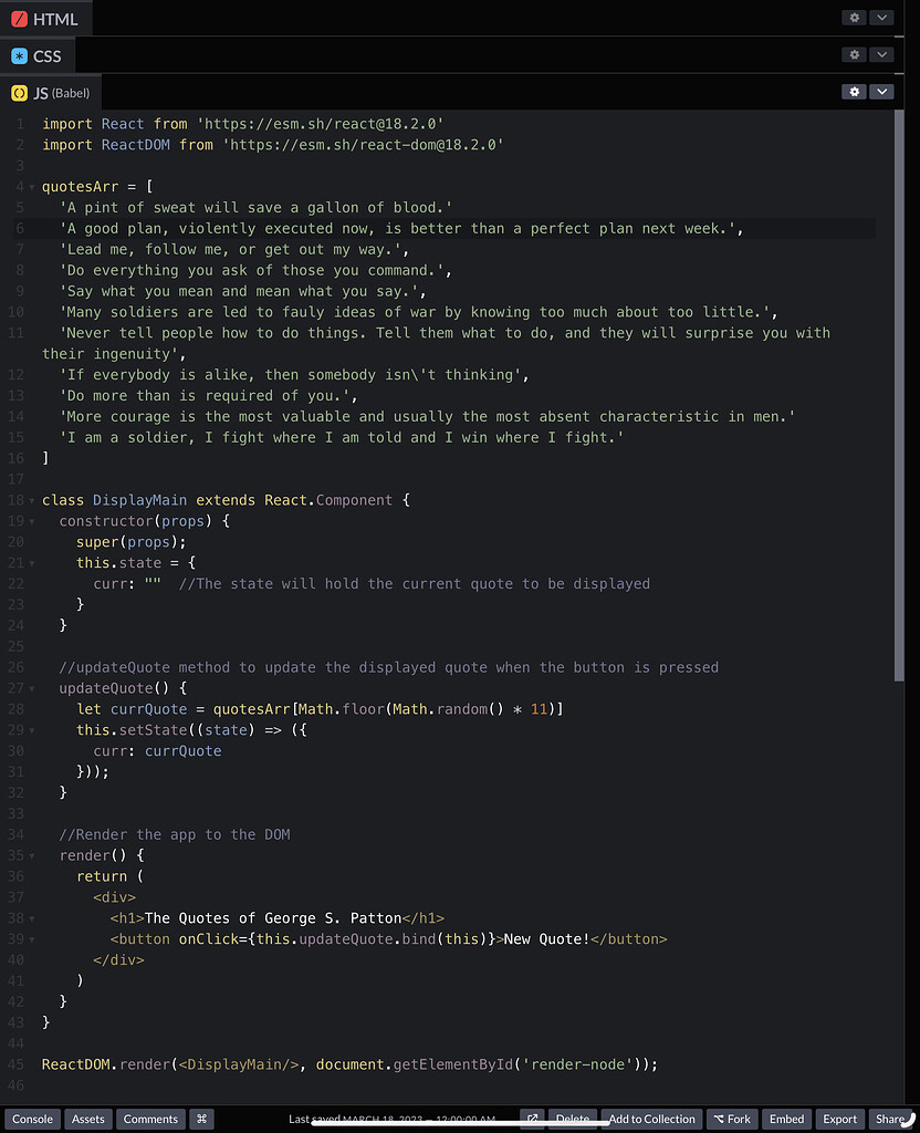 Random Quote Generator Not Rendering In Codepen Javascript The Freecodecamp Forum 
