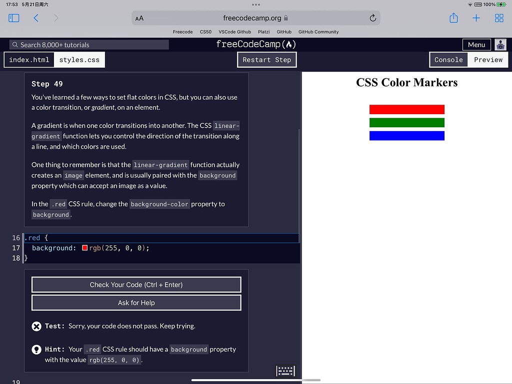 Stuck in step 49 of the new curriculum - HTML-CSS - The freeCodeCamp Forum