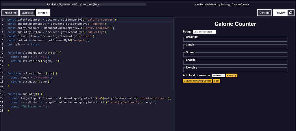 Learn Form Validation by Building a Calorie Counter - Step 44 - JavaScript - The freeCodeCamp Forum