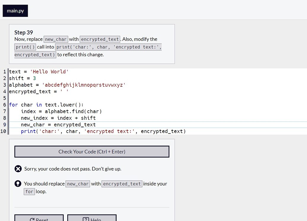 Learn String Manipulation by Building a Cipher - Step 39 - Python - The freeCodeCamp Forum