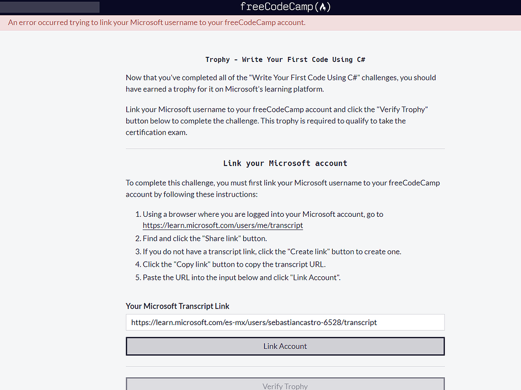 Se produjo un error al intentar vincular su nombre de usuario de ...