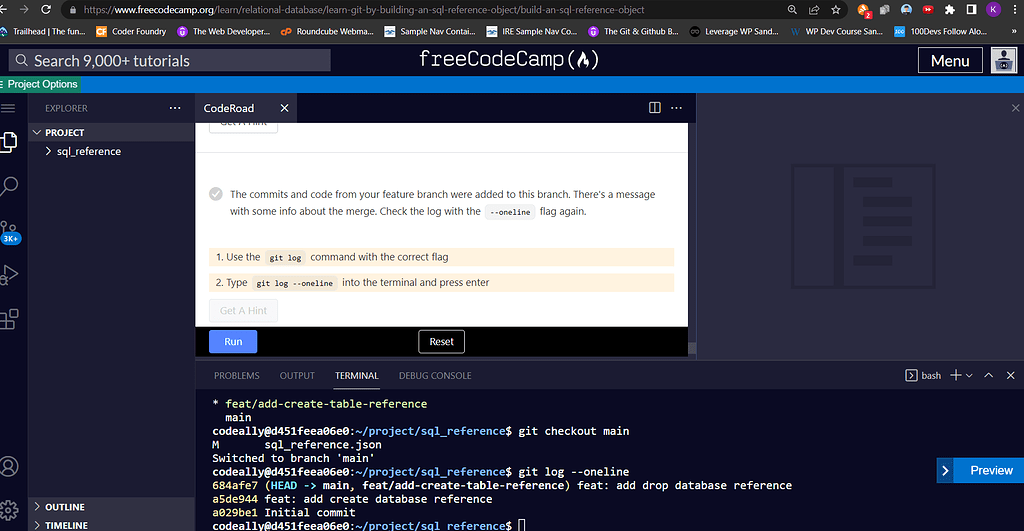 Learn Git by Building SQL ... - Step 480 git log --oneline Commits are missing - Backend ...