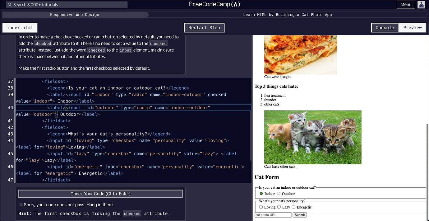 Step 60: Make first radio button checked by default - HTML-CSS - The freeCodeCamp Forum
